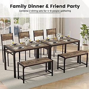 JUMMICO 43.3" Dining Table Set for 4, Kitchen Table with Bench & 2 Chairs Modern Rectangular Metal Frame Dining Furniture Set for Small Space (Rustic Brown)
