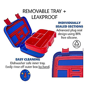 kinsho Bento Lunch Box and Matching Lunch Bag with Ice Pack Set for Kids, Toddlers (Blue Red Rockets)