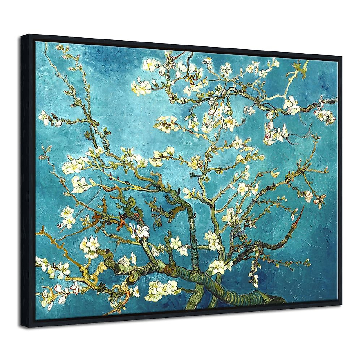 Pyradecor Black Framed Large Almond Blossom Famous Oil Paintings Reproduction Canvas Prints by Van Gogh Floral Pictures on Canvas Wall Art for Home Office Decorations