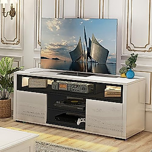YITAHOME Modern LED TV Stand for 55", Entertainment Center with 5 Open Shelves, High Glossy Wood TV Console with 2 Storage Cabinet for Bedroom, Living Room, Gaming Media Stand, Black & White