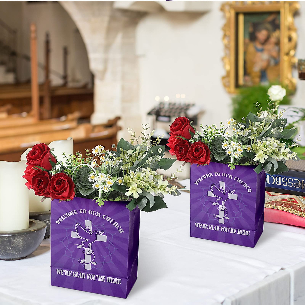 24 Pcs Church Welcome Gift Bags Purple Welcome to Our Church Gift Bags Large Religious Welcome Bags for Church Guest Baptism Goodie Bag Bulk Birthday Church Theme Party Supplies 10.7 x 4.3 x 8.7 Inch