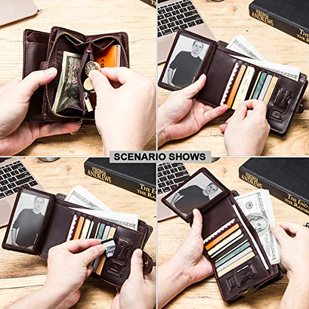 Contacts Genuine Leather Womens Coin Card Holder Zipper Clutch Purse Wallet (Dark Coffee)