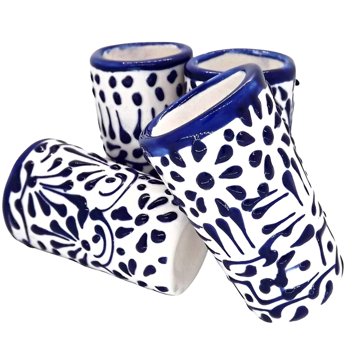 MEXTEQUIL - Talavera Shot Glasses Set of 4 Authentic Mexican Tequila Shot Glasses - Hand-painted - 2 Oz (Blue Lace)