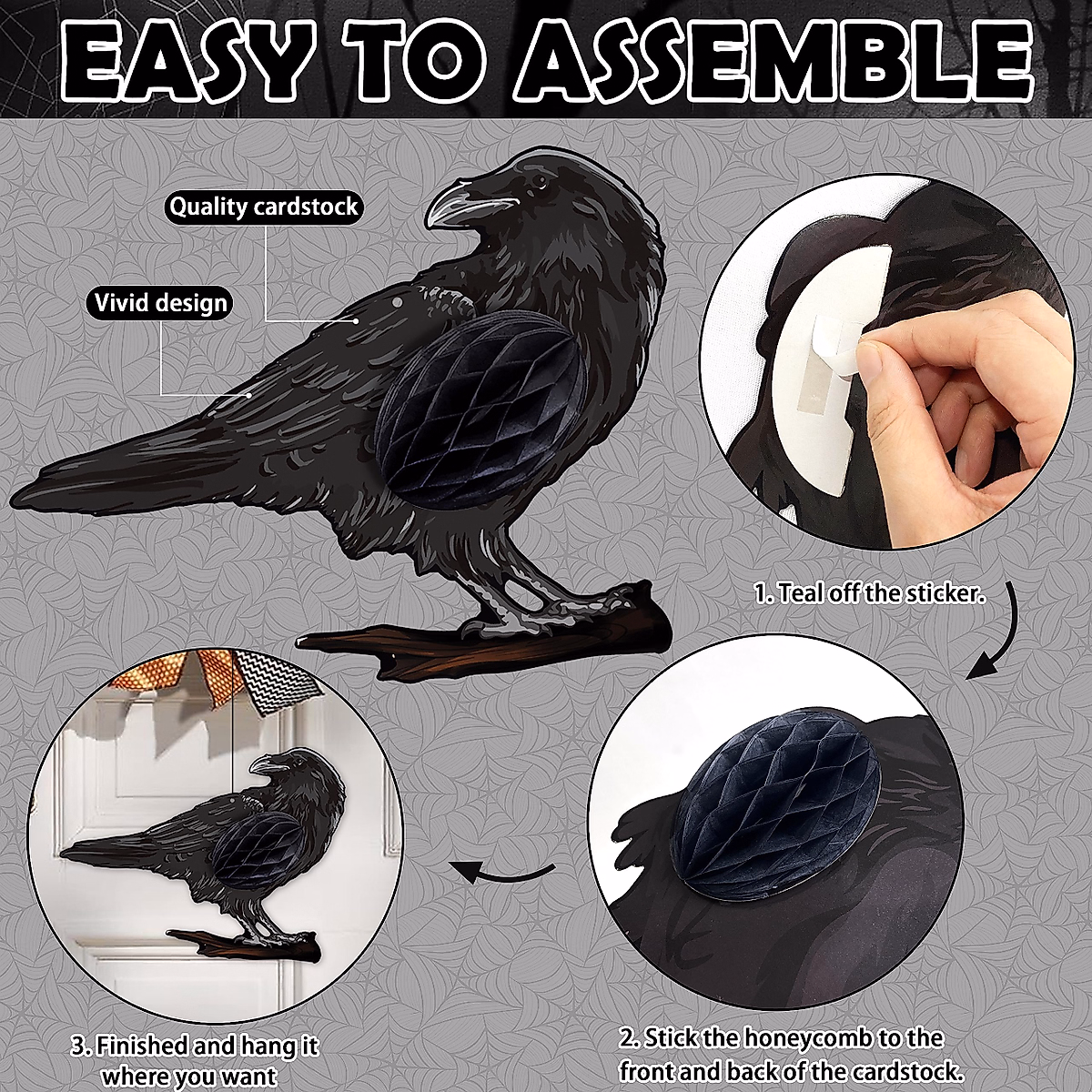 Halloween Black Crows Decorations Honeycomb Paper Cutouts Halloween Tree Hanging Decorations Bird Raven Banner Garland Centerpiece for Halloween Birthday Baby Shower Wedding Party Supplies (Raven 10P)