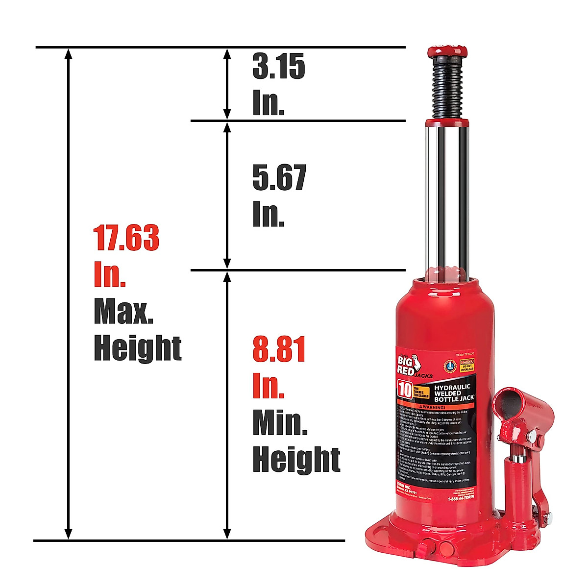 BIG RED T91003B Torin Hydraulic Welded Bottle Jack, 10 Ton (20,000 lb) Capacity, Red