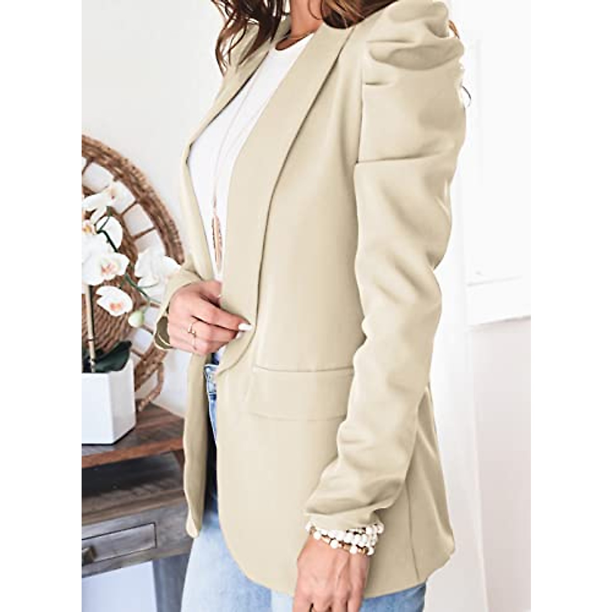 Asvivid Womens Tweed Blazers Casual Open Front Office Blazers Puff Sleeve Jackets Work Suit with Pockets Apricot,M