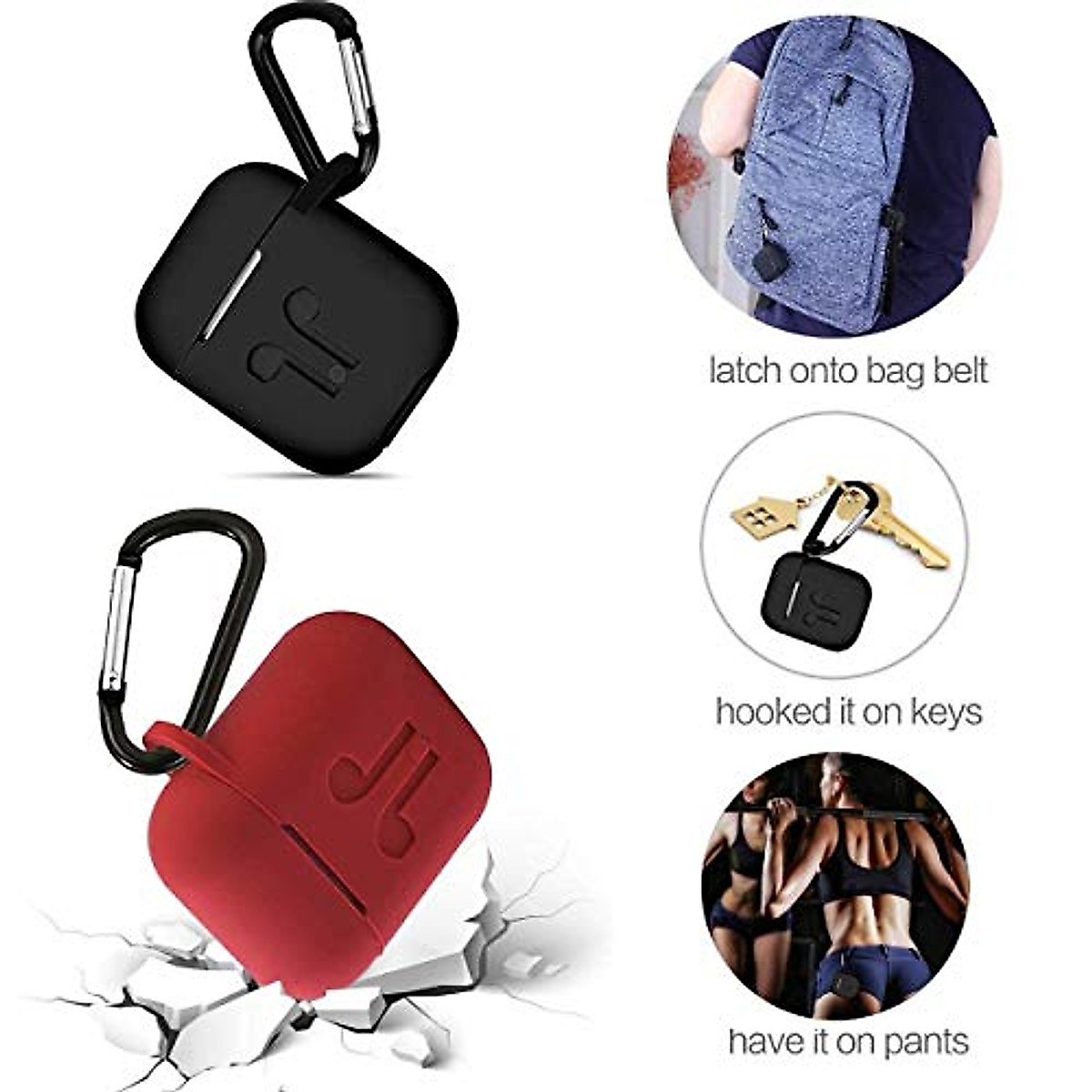 Airpods Case, Airpods Accessories Kits, 2 Packs Protective Silicone Cover Skin Apple Airpods Anti-Lost Airbag Belt,Airpods Ear Hook for Apple AirPods 2nd 1st Generation (Black+Red)