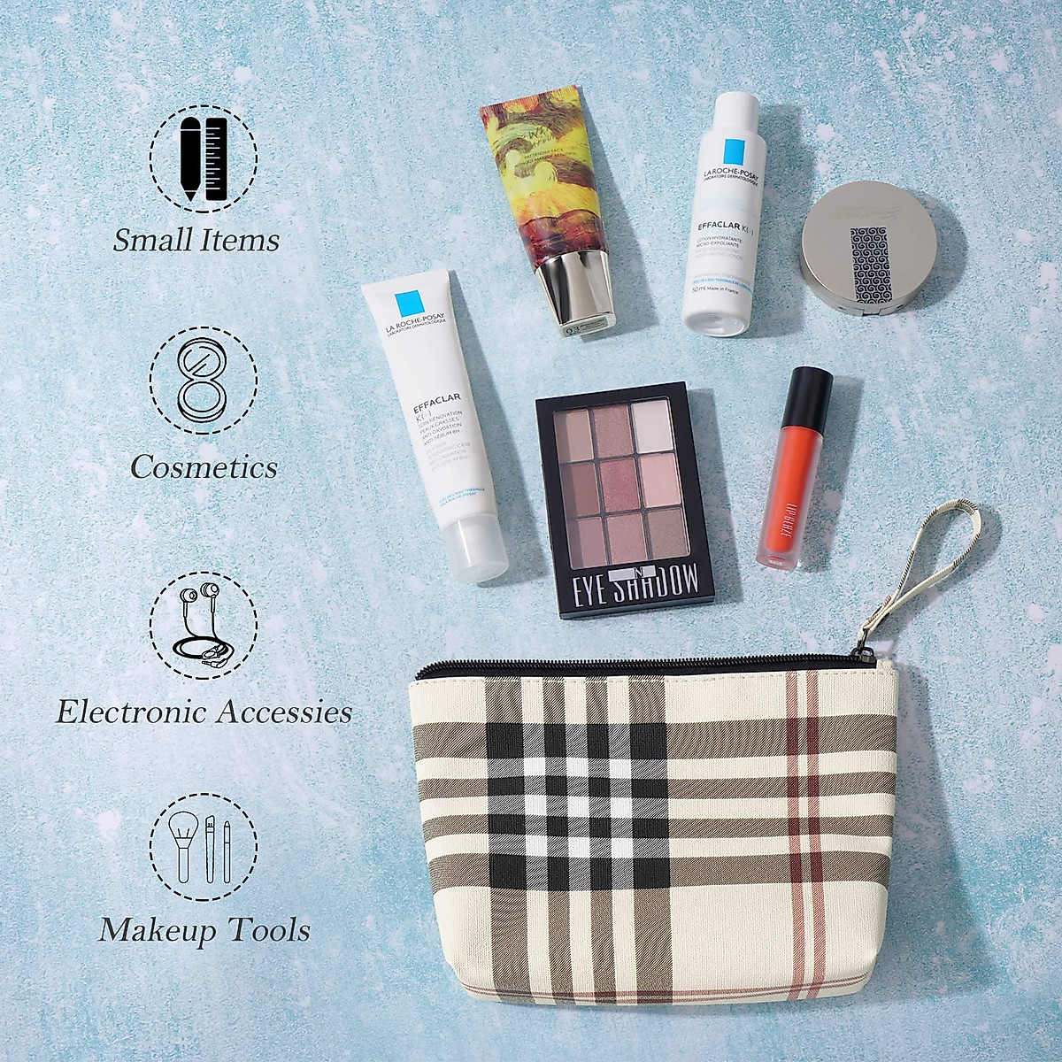 MAANGE Small Makeup Bag for Purse Cosmetic Bags for Women Pu Leather Makeup Pouch Travel Makeup Bag with Handle Make Up Bag for Travelling(Khaki)