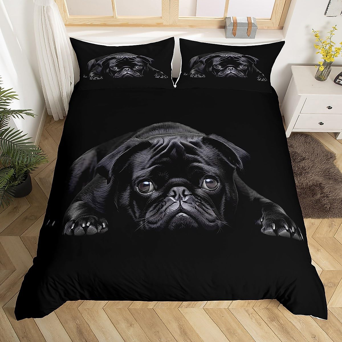 Dog Printed Duvet Cover Cute Pug Dog Bedding Set 3D Animal Theme Comforter Cover for Boys Girls Kids Room Decor Lovely Pet Dog Pattern Bedspread Cover Black Twin Size with 1 Pillow Case