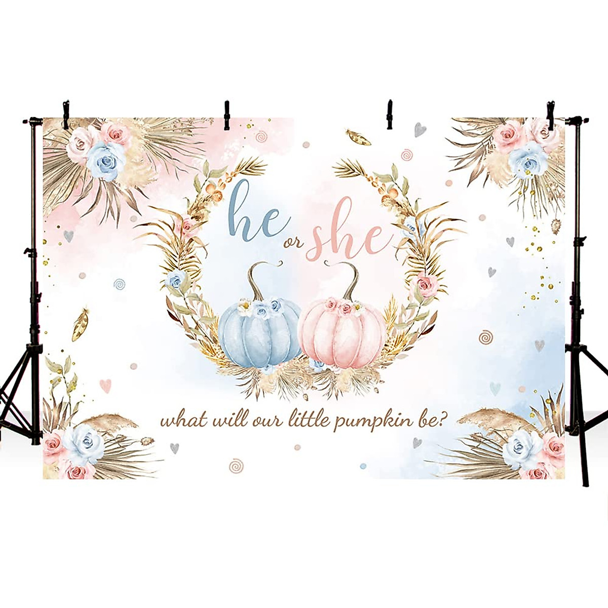 MEHOFOND 7x5ft Pumpkin Gender Reveal Backdrop Fall Autumn Pumpkin Boho Floral Gender Reveal Photography Background He or She What Will Our Little Pumpkin Be Party Decorations Banner Photo Studio Props