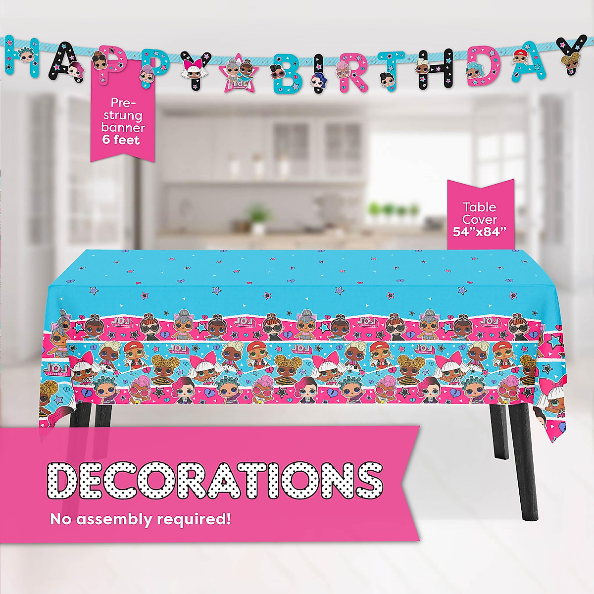 LOL Party Supplies Birthday Decorations | Serves 16 Guests | With Table Cover, Banner, Plates, Napkins, Cups, Button