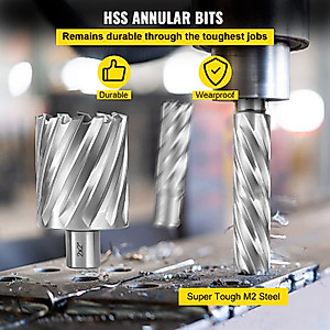VEVOR Annular Cutter Set, 6 pcs 3/4" Weldon Shank, 2" Cutting Depth and Cutting Diameter from 1" to 2", 2 Pilot Pins & Strong Case for Using with Magnetic Drills, Silver