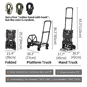 SHIMOYAMA Folding Hand Truck, 330lb Camping Storage Trolley with Brake, Adjustable Luggage Cart with Wheels, Portable Fold up Dolly for Travel, Picnic, Black