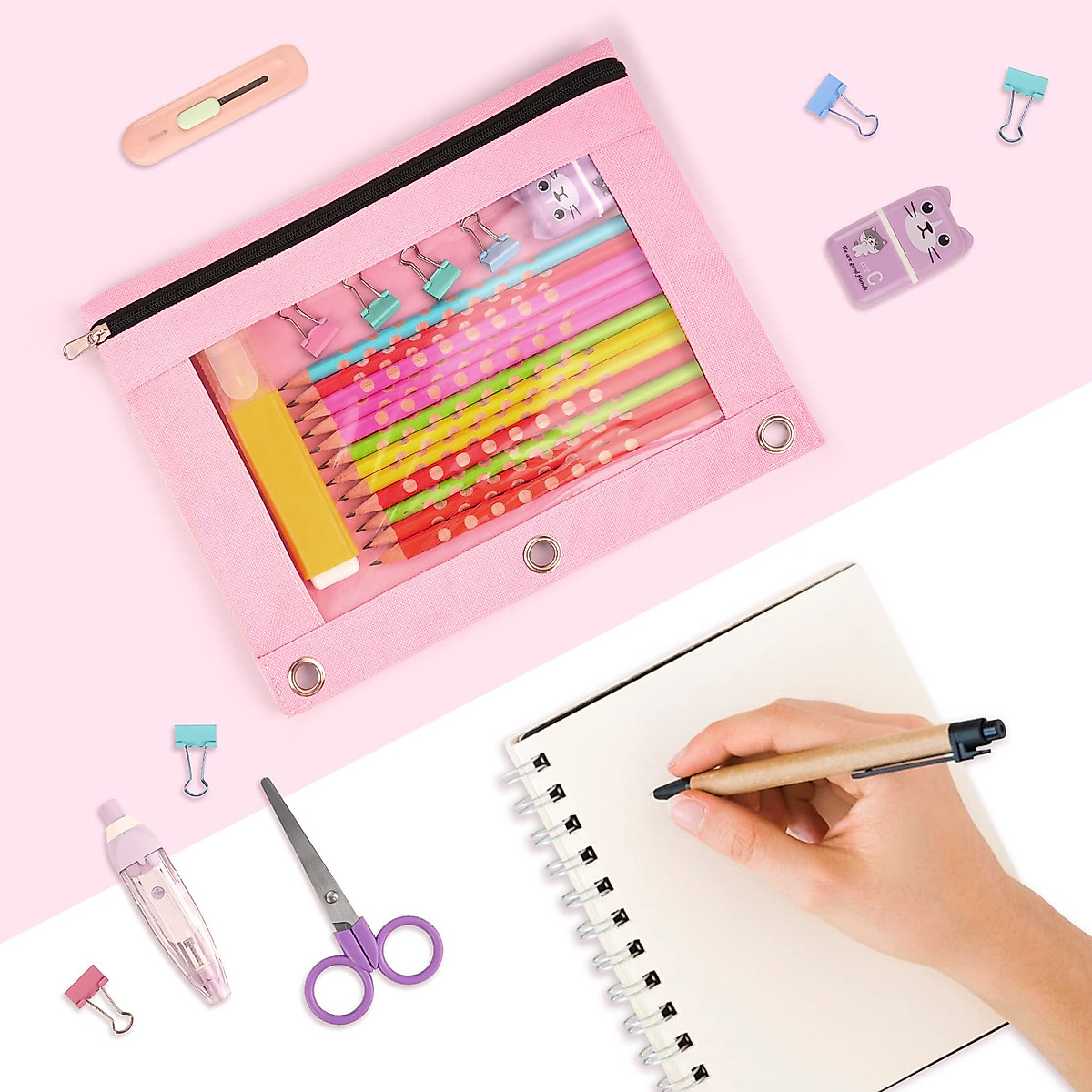 Sooez Pencil Pouch for 3 Ring Binder, 2 Pack Binder Pencil Pouch with Clear Window Pencil Bags with Zipper & Reinforced Grommets, Pencil Case for Binder Pink & Grey