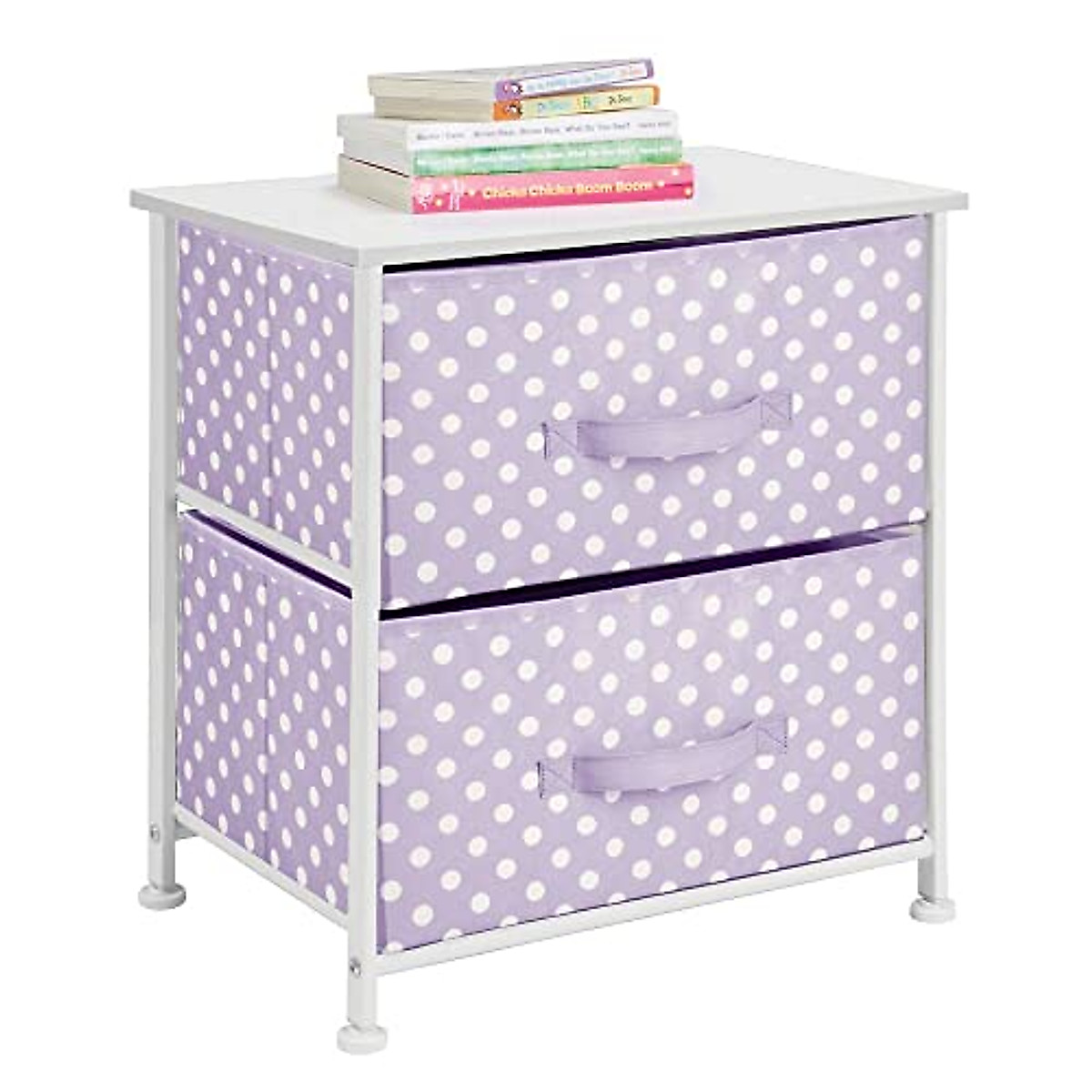 mDesign Small Storage Dresser End/Side Table Night Stand with 2 Removable Fabric Drawers - Organizer for Baby, Kid, and Teen Bedroom, Nursery, Playroom, or Dorm - Light Purple/White Polka Dot