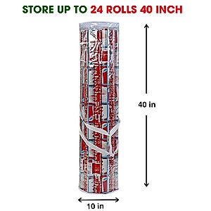 ProPik Christmas Gift Wrap Organizer Clear, Fits 24 Rolls of 40 Inch Long, Heavy Duty PVC Wrapping Paper Storage Bag with Handles and Zippered Top, Underbed Tote Clear Tube Container (White trimming)
