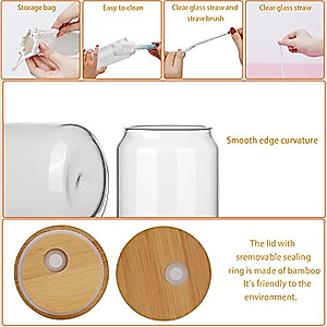 Tisovixo Beer Can Glass Drinking Glasses with Bamboo Lids and Straw,16oz Drinking Glass Cup 4pcs,Iced Coffee Cup Cocktail Glassware Bar Accessories,Beer Can Glass Tumbler Boba Cup with Lids and Straw