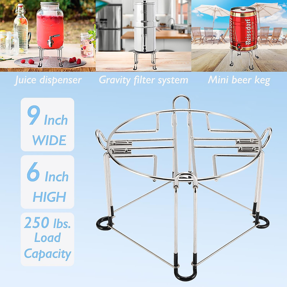 Stainless Steel Stand for Berkey Big, Royal and Travel System, 9'' Diameter 6'' Tall Countertop Stand with Hooks, Fit Most Medium Gravity Water Filter System