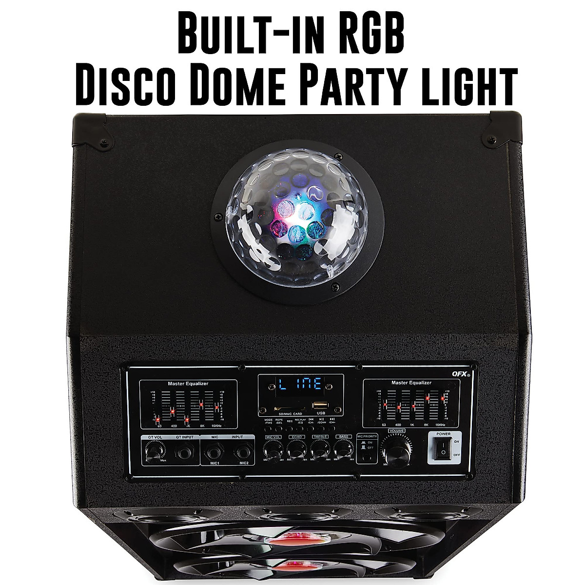 QFX SBX-412207BT TWS Bluetooth Cabinet Speaker with Dual 12" Woofers, LED Party Lights, FM Radio, USB/TF Card Ports, Aux Input, Red