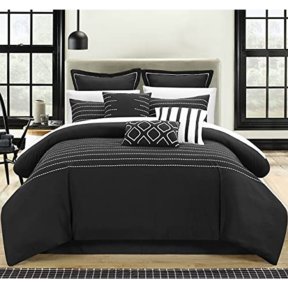 Chic Home 9 Piece Brenton Super Rich Microfiber Stitch Embroidered Comforter, King, Black,CS3952-AN