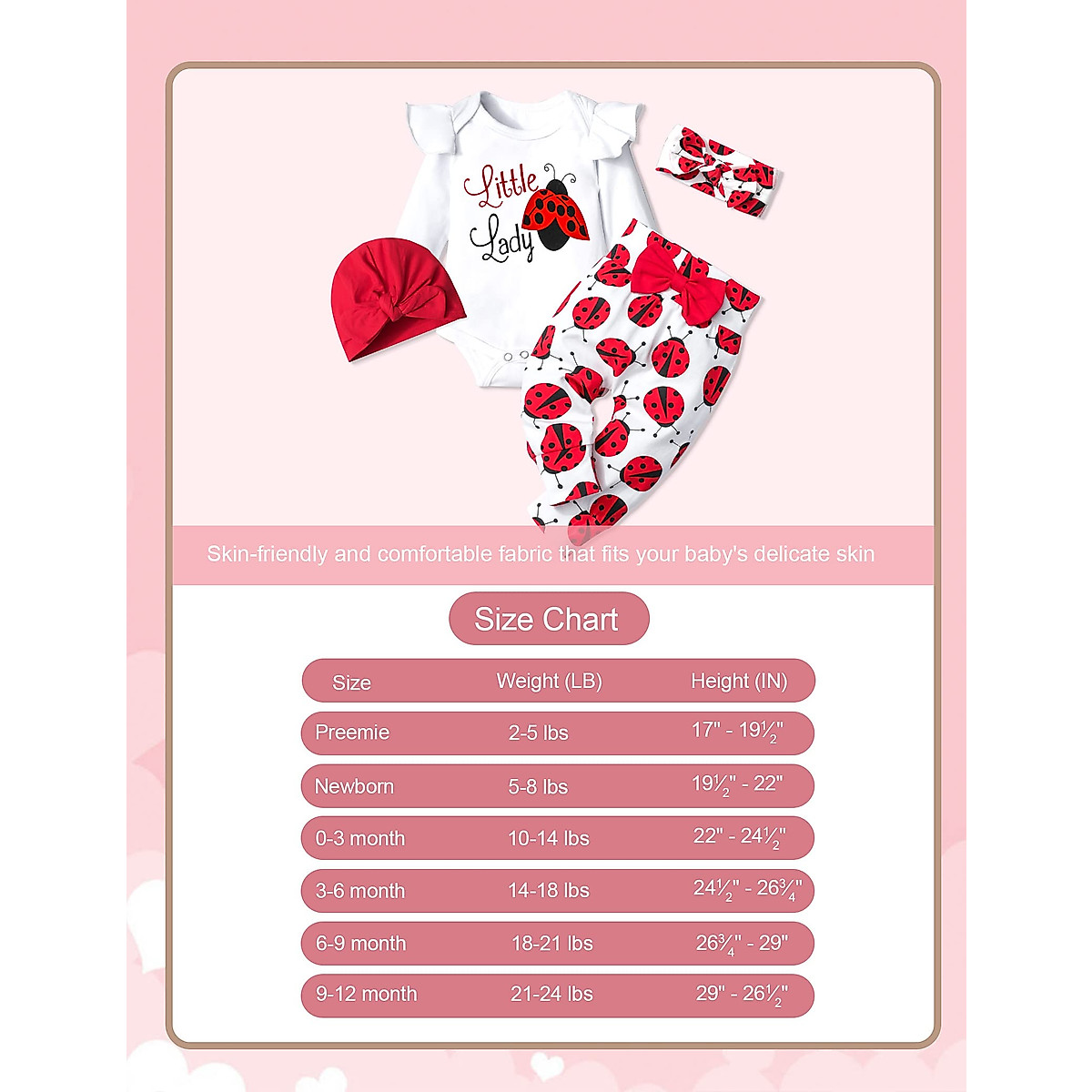 TyeSmo Baby Girl Clothes 3-6 Months Ladybug Printed White Ruffle Long-sleeve Top + Pants + Headband + Hat 3-6 Month Girl Clothes