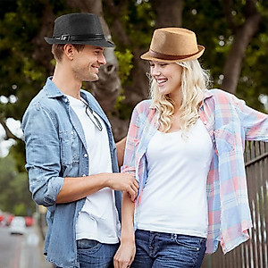 Forwe 4 Pack Straw Fedora Hat for Men Women Short Brim Trilby Hat Classic Panama Summer Beach Sun Hat (B-01)