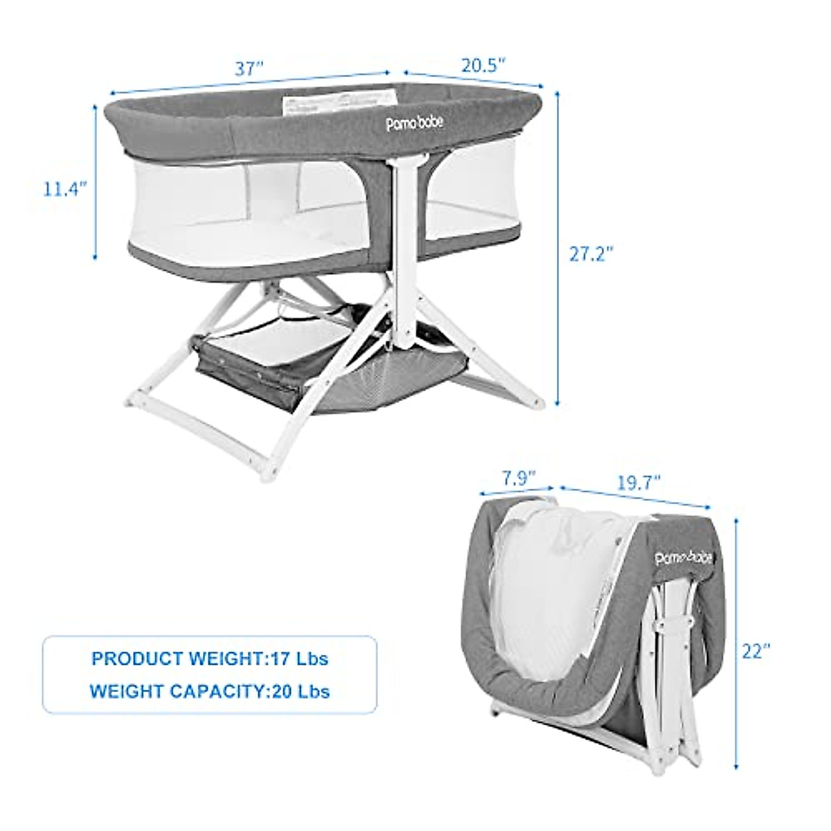 Pamo Babe 2in1 Bassinet Quick Foldable Travel Crib Portable Rocking Bassinet（Grey）