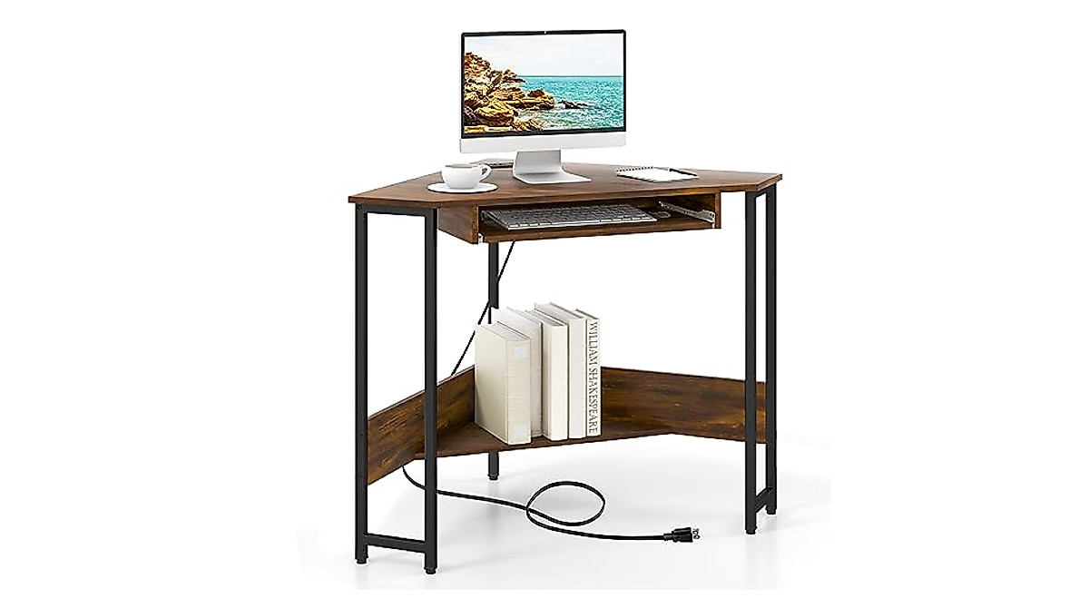Tangkula Corner Desk with Keyboard Tray - Space-Saving Home Office Desk