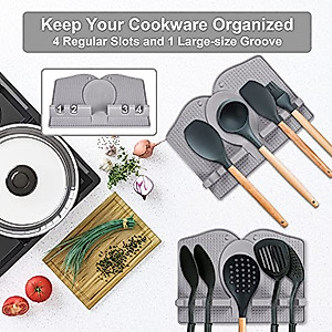 Arrozon 2 in 1 Silicone Utensil Spoon Rest Kitchen Counter with Drip Pad, 4 Slots Larege Spoon Spatula Holder for Stove Top, BPA-Free Heat-Resistant Non Slip Kitchen Utensils Mat(grey)
