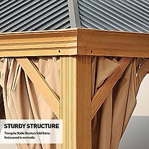 BPS 12' X 16' Hardtop Gazebo Outdoor Aluminum Wooden Grain Coated with Netting Curtain for Patio, Garden, Yard and Party