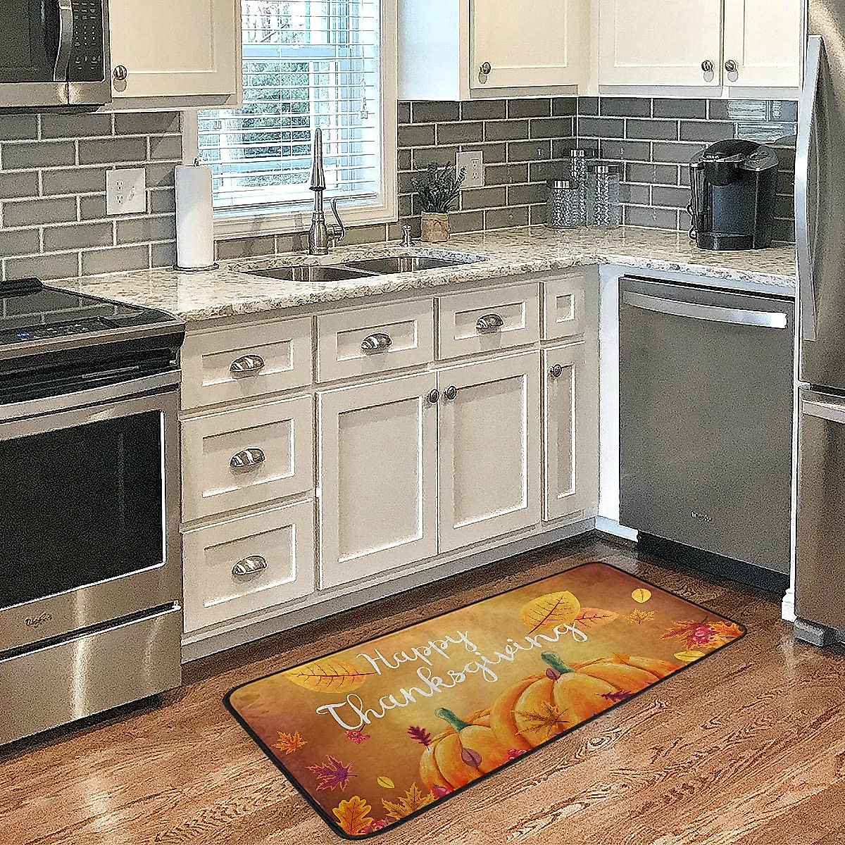 Kitchen Rug Happy Thanksgiving Background with Stylized Autumn Leaves and Pumpkin Door Mat Bath Rug Home Decor Floor Mat Non-Slip Carpet for Kitchen Living Bedroom 39 x 20 Inch