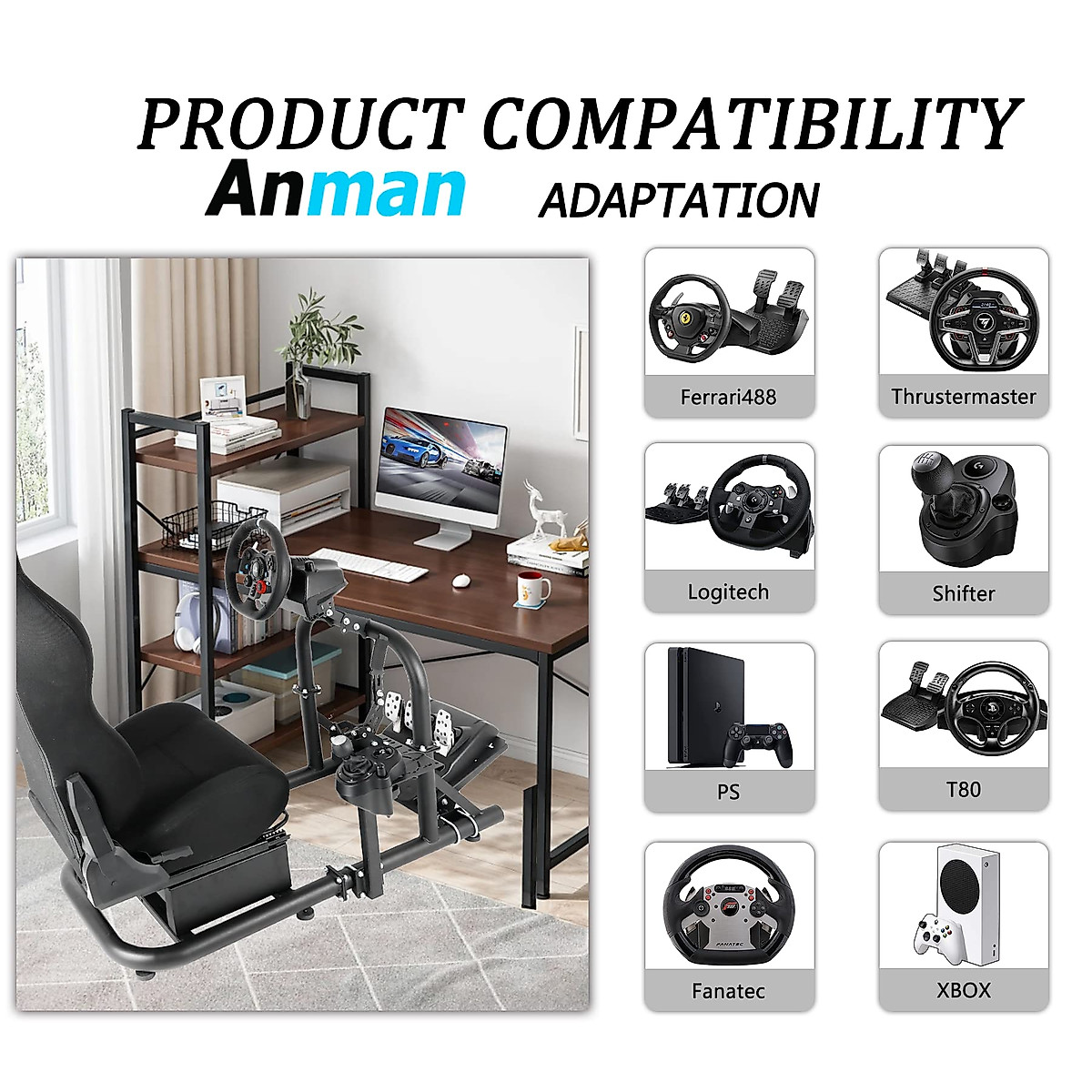 Anman G25 Flight Racing Simulator Cockpit Upgrade Pro Fits for Logitech G27 G29 G920, Thrustmaster T300RS TX F458,PS5 Race Car Seat Game Accessories Driving Simulator Cockpit Steering Wheel Handbrake
