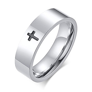 MZZJ Free Personalized Engraved Religious Jewelry Christian Cross Stamped Faith Bible Verse Scripture Minimalist High Polish 6MM Stainless Steel Inspirational Prayer Ring for Men Women,Size 5