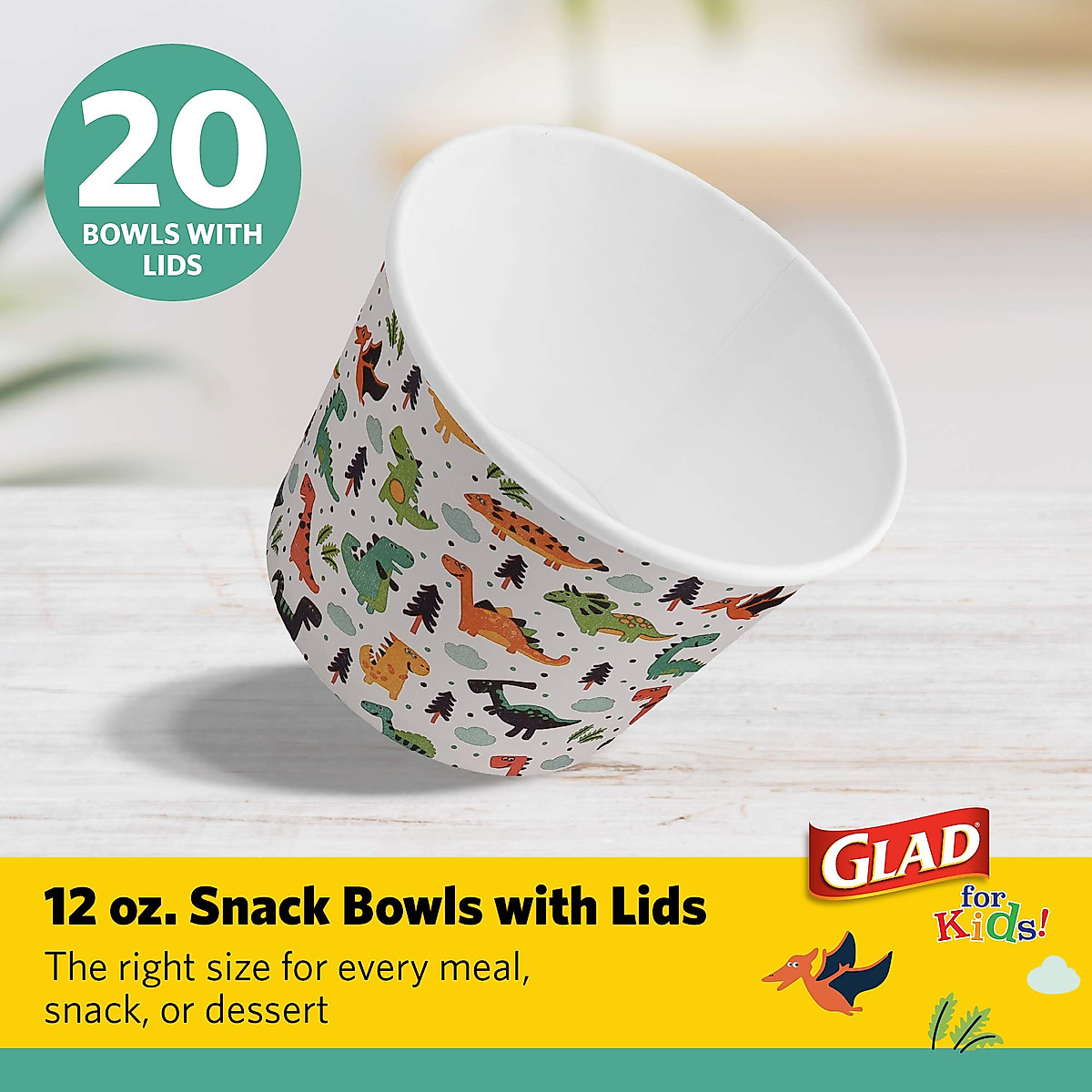 Glad for Kids Dinosaur Party Supplies - Heavy Duty Disposable Paper Snack Bowls with Lids, Perfect for Birthday Parties, Colorful Party Plates. Great for Dessert, 12 Ounce - 20 Count