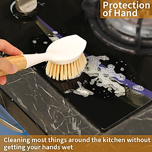 2 Pack Kitchen Dish Brush Bamboo Handle Dish Scrubber Built-in Scraper, Scrub Brush for Pans, Pots, Kitchen Sink Cleaning, Dishwashing and Cleaning Brushes are Perfect Cleaning Tools, White