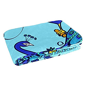 Plush Blanket Throw Blanket Warm Cozy Soft Microfiber Blankets, Blue Peacock Cartoon Retro Pattern