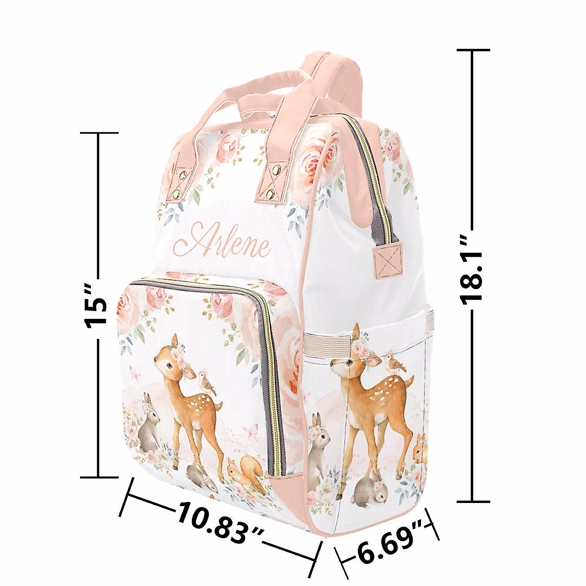 Yeshop Deer Bunny Floral Pink Woodland Multi-Function Personalized Diaper Bag Backpack Tote with Name,Custom Travel Nappy Mommy for Baby Girl Boy Gift, 10.83 inches * 6.69 inches* 15