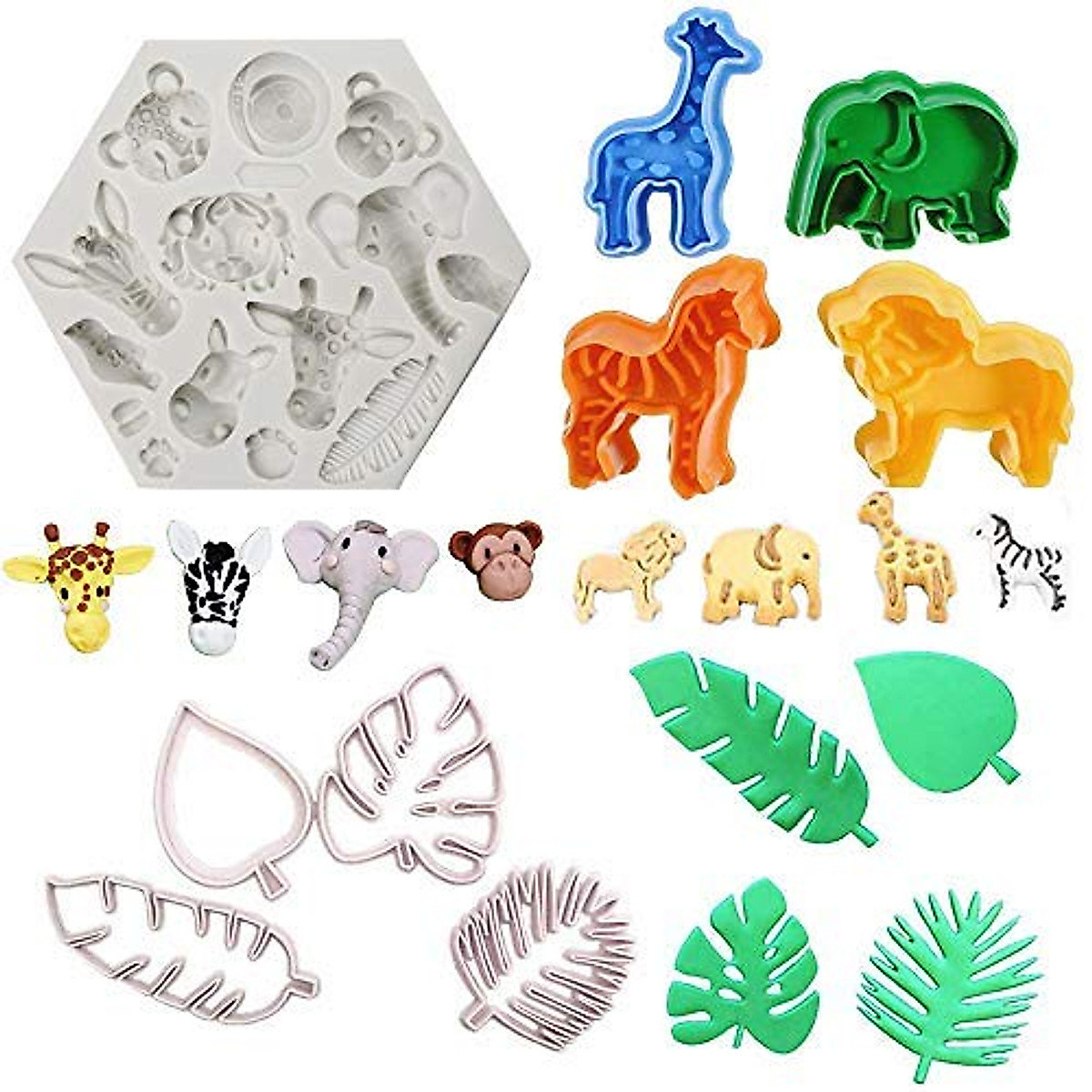 9Pcs/Set Jungle Safari Animal Cake Fondant Mold with Tropical Leaf Cookie Cutter, Hawaiian Palm Leaves Sugar Craft Cutters for Jungle Animals Brithday Party Baby Shower Cake Cupcake Decorations Tools