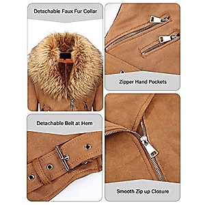Bellivera Women's Faux Leather Suede Short Jacket Motocycle Sherpa-Lined Coat with Removable Fur Collar 8830 Brown L