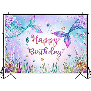 Mocsicka Mermaid Birthday Backdrop Under The Sea Birthday Party Decoration for Girl Blue Purple Mermaid Tails Photography Background (7x5ft(82x60 inch))