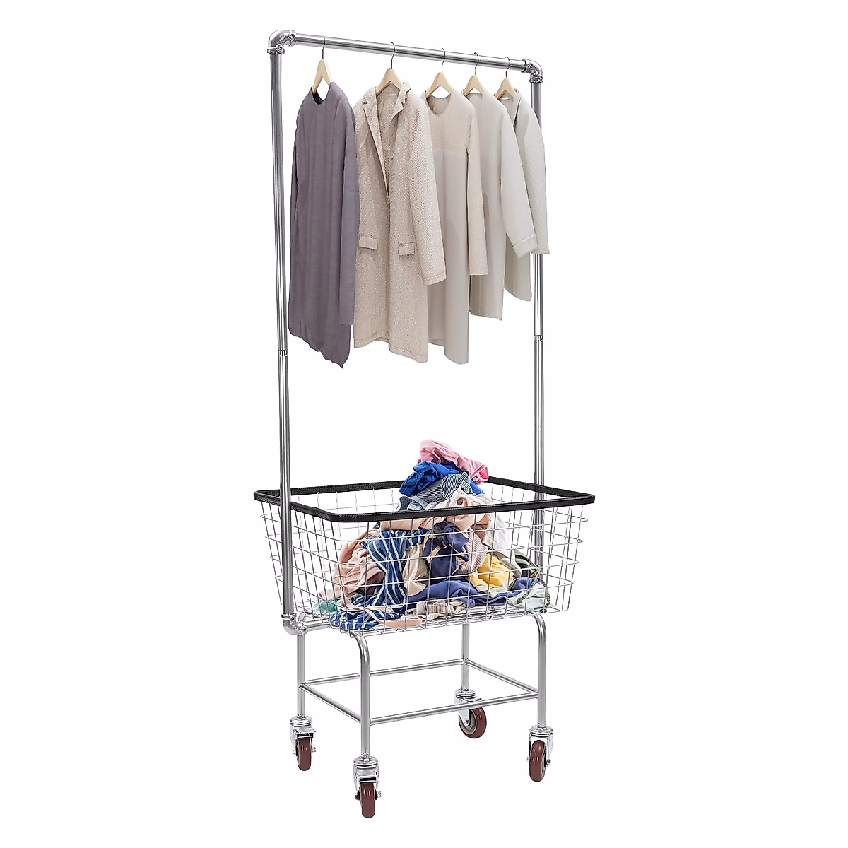 Wire Laundry Cart with Hanging Rack, Wire Laundry Basket With Wheels 27''x22''x67'', Commercial Wire Laundry Basket Cart With drying rod, Galvanized Steel Frame with 5'' Casters, Wire Basket Cart