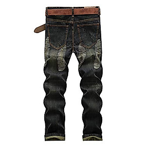 WEEN CHARM Mens Distressed Ripped Biker Slim Fit Straight Destroyed Wash Jeans Moto Denim Pants Black