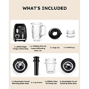 Sangcon 800W Blender for Shakes and Smoothies with 57 Oz Glass Jar & 10 Oz Grinding Cup, Smoothie Blenders and Food Processor Combo for Kitchen with 2 Speeds + Pulse, 6 Fins Blade & Grinding Blade