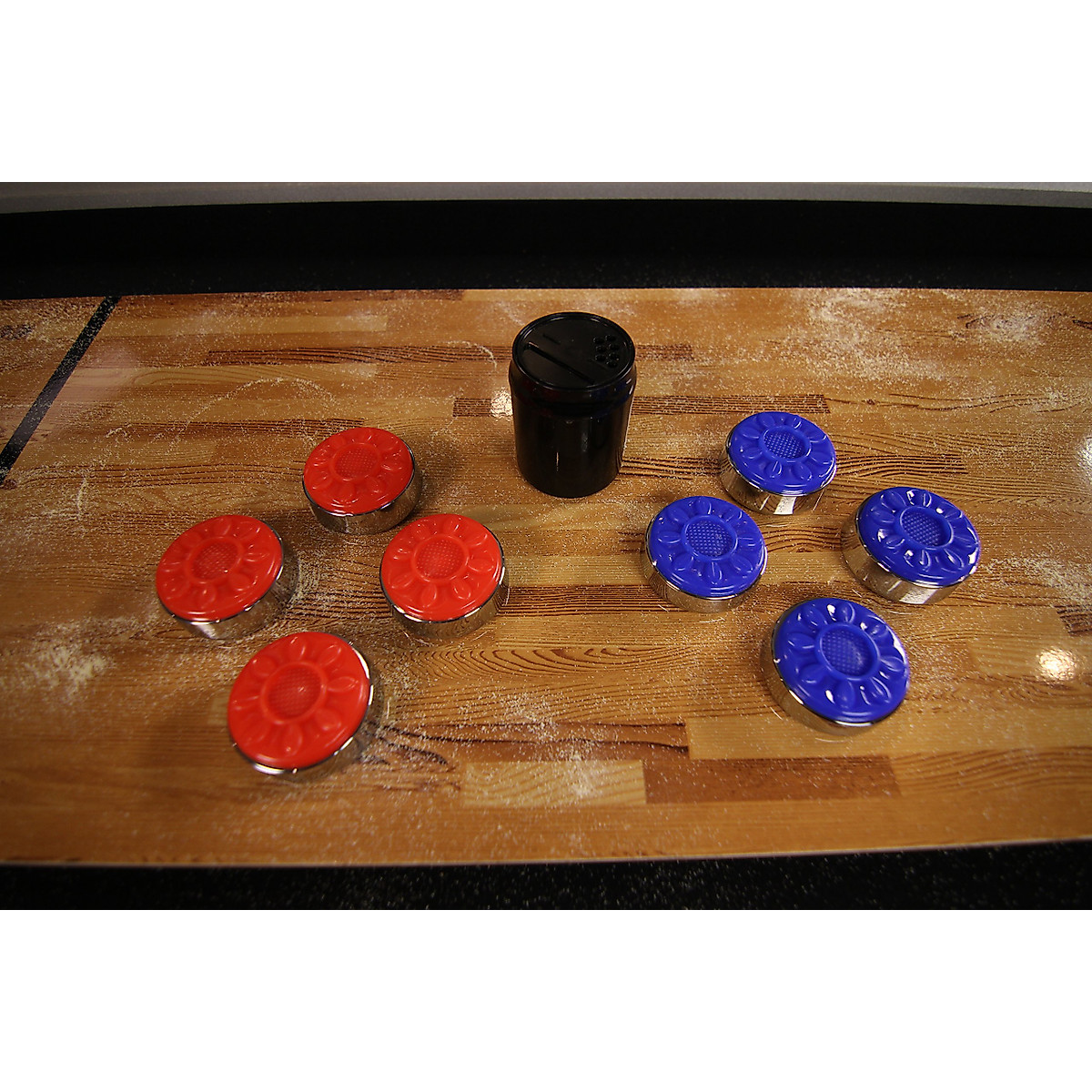 Atomic 9’ Platinum Shuffleboard Table with Poly-coated Playing Surface for Smooth, Fast Puck Action and Pedestal Legs with Levelers for Optimum Stability and Level Play