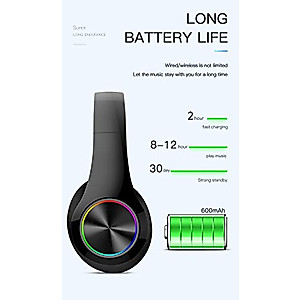 Amazing 7 LED Bluetooth Headphones with 8Hours Playtime, Wireless Headsets Over Ear, Hi-Fi Stereo, Multi-Colored Breathing Led, Built-in Mic, Snug Fit Earphones for Game Video DJ (White)