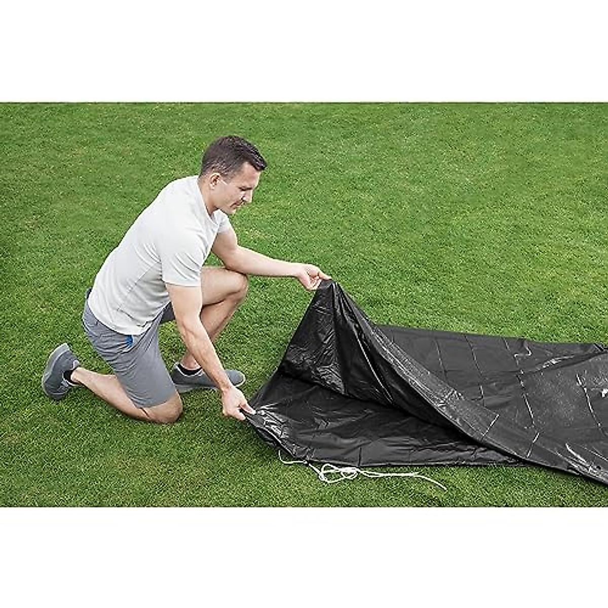 Bestway Flowclear PVC Round 12 Foot Pool Cover for Above Ground Frame Pools with Drain Holes and Secure Tie-Down Ropes, Black (Cover Only)