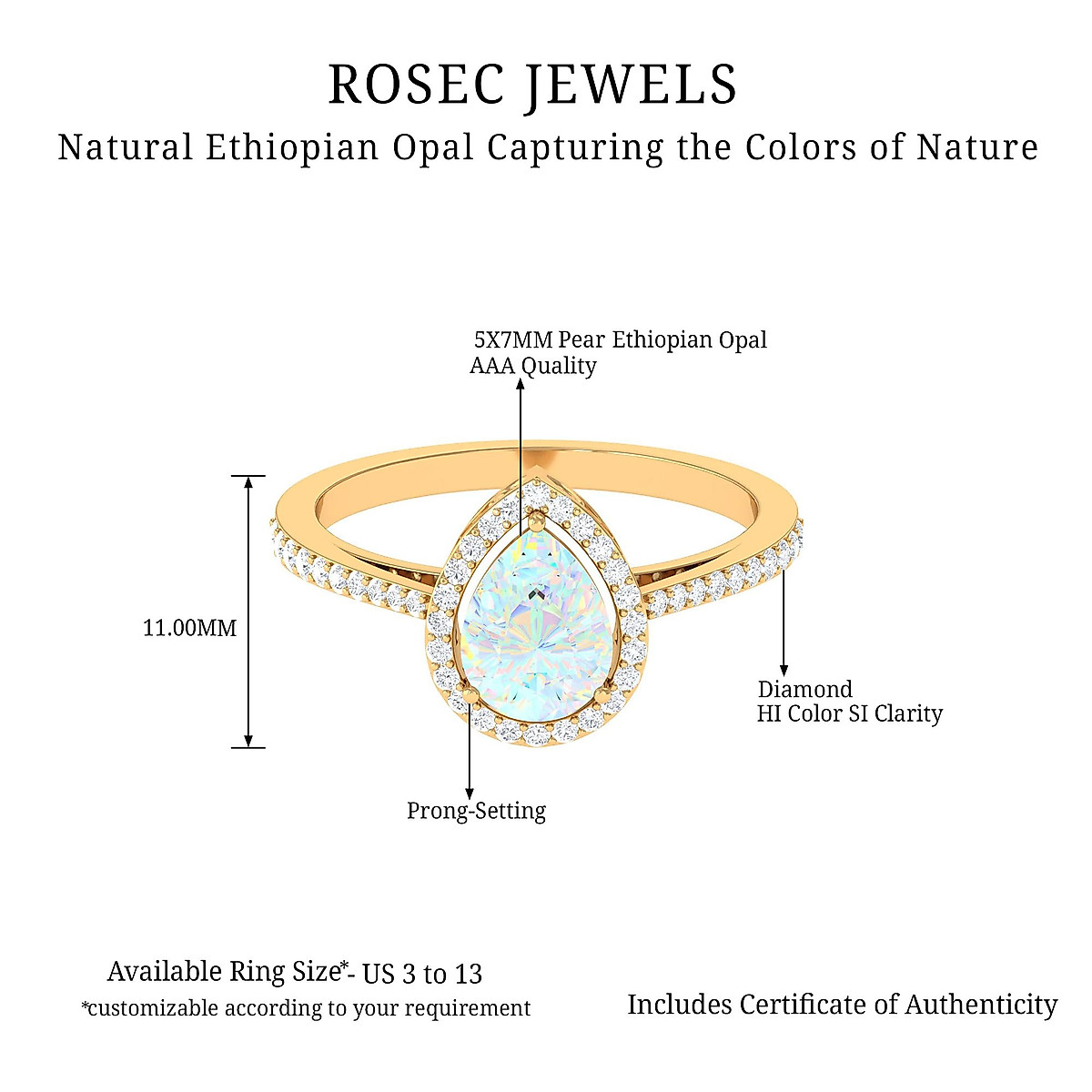 Rosec Jewels Natural Ethiopian Opal Halo Engagement Ring with Diamond | 5X7 MM | AAA Quality, 14K Yellow Gold, Size:US 5.50