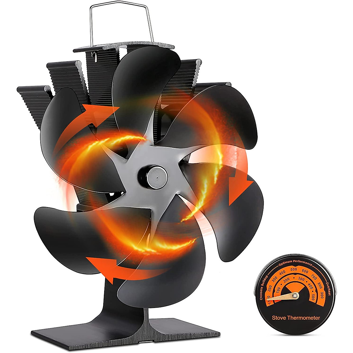 NOENOUGH Heat Powered Stove Fan, 6-Blade High Efficiency Fireplace Fan with Thermometer, Saving Wood Fuel for Log Burner/Wood Burner Stove/Fireplace, Upgraded Wood Stove Fan, Non Electric & Silent
