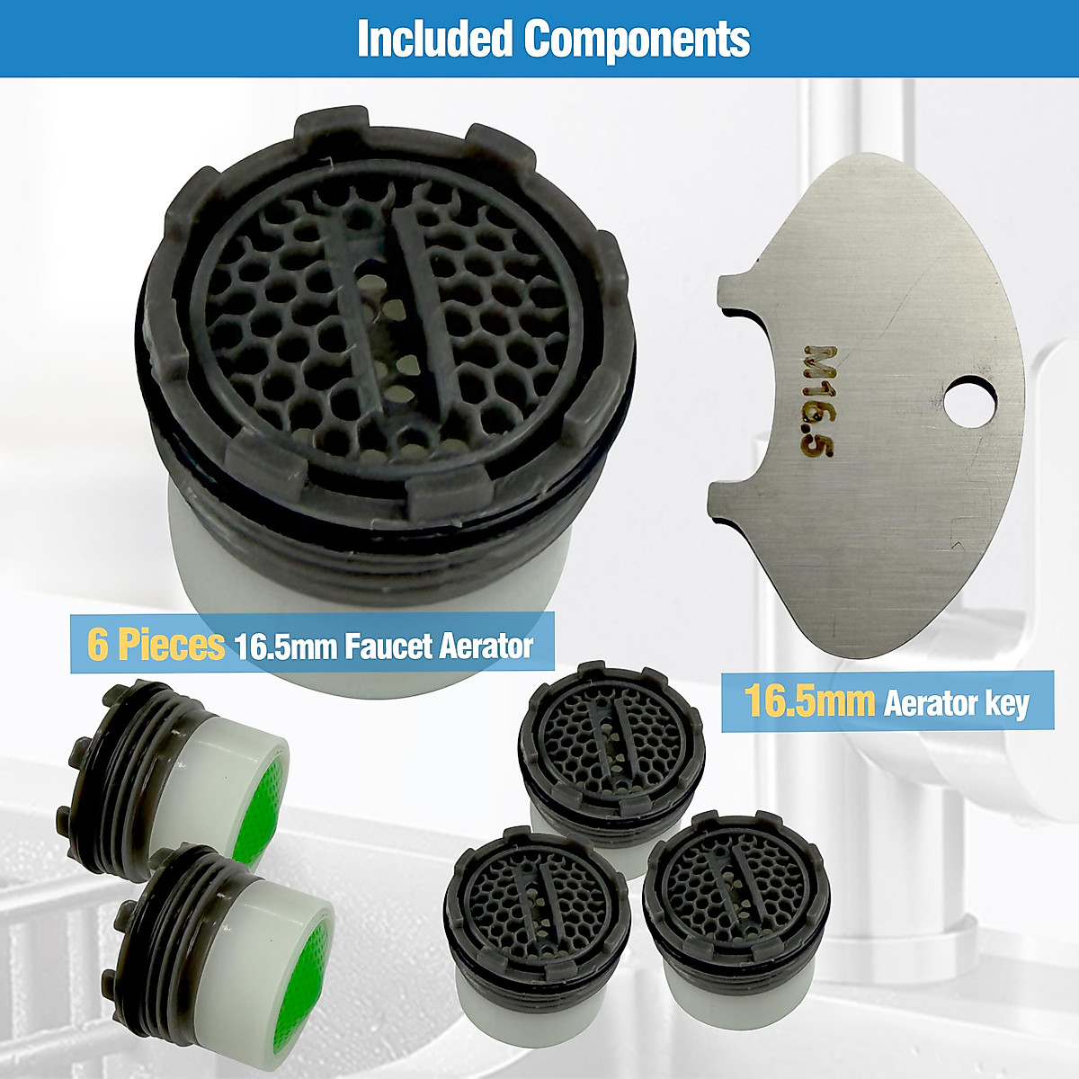 6-Pack 16.5mm Faucet Aerators with 304 Stainless Steel Aerator Removal Tool – Easy Install & Smooth Water Flow