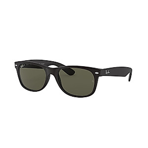 Ray-Ban RB2132 New Wayfarer Square Sunglasses, Rubber Black/Polarized Green, 55 mm